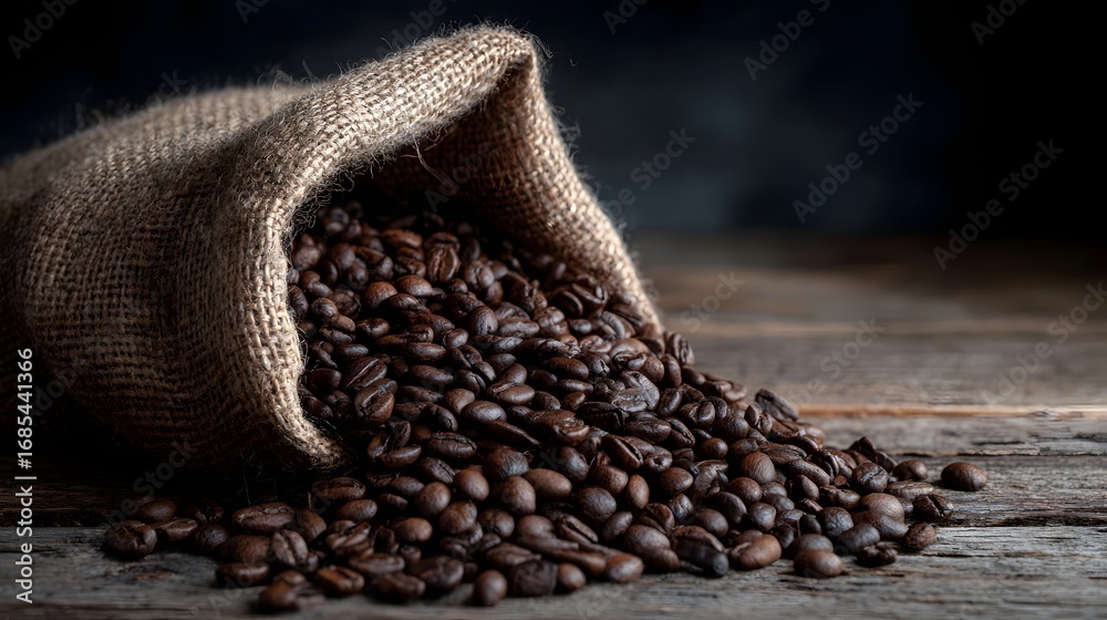 Roasted coffee beans spilling from a burlap sack onto a rustic wooden table illuminated by warm ...
