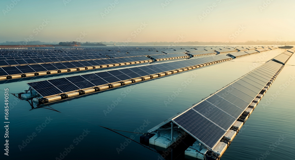 Massive floating solar farm on water surface in sunrise light producing ...