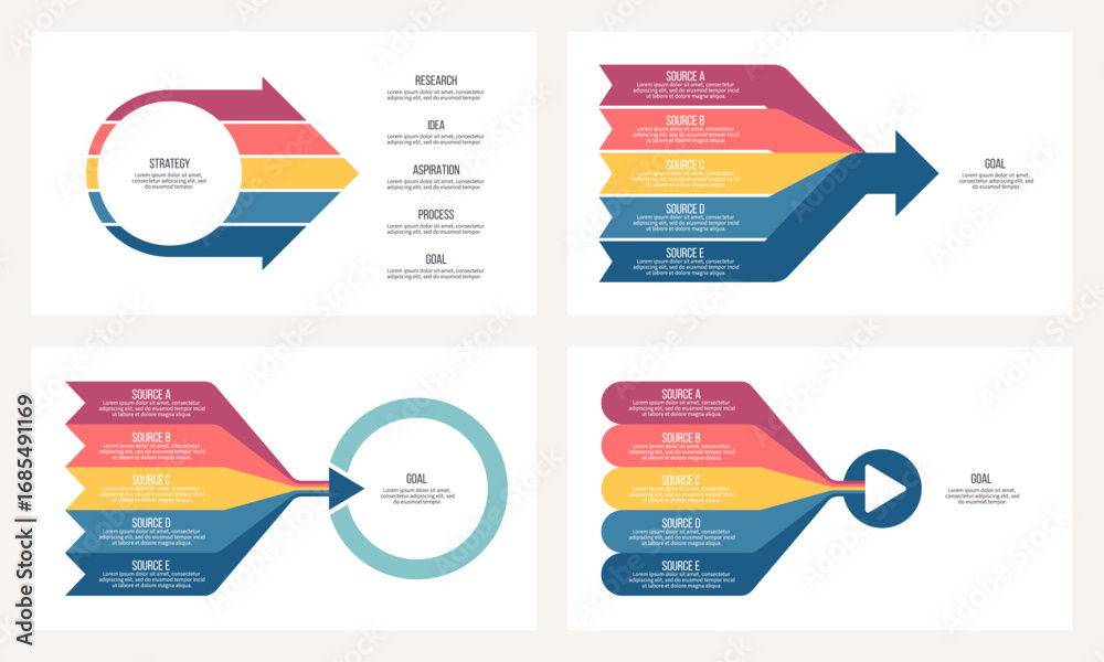 Business infographic template. Arrow charts with five options, steps ...