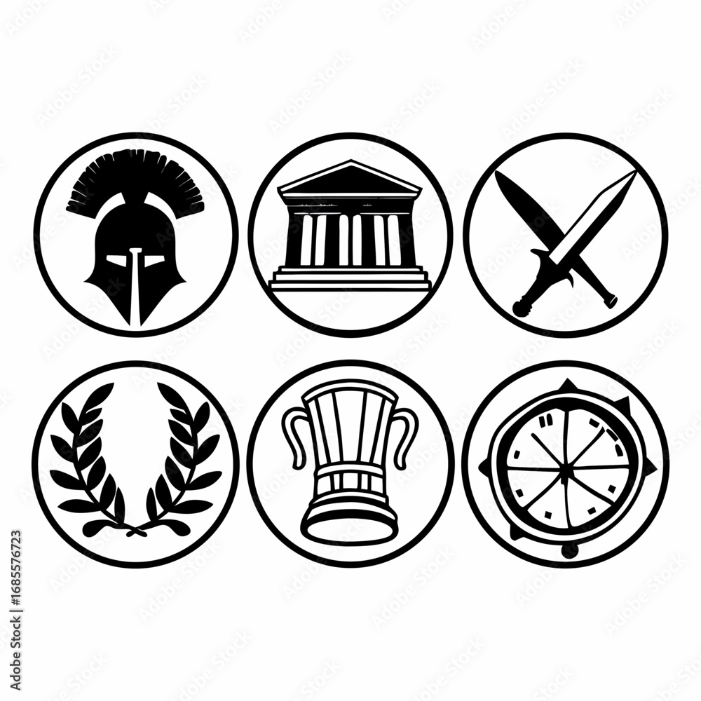 Set of ancient greek symbols, including helmet, temple, sword, laurel ...