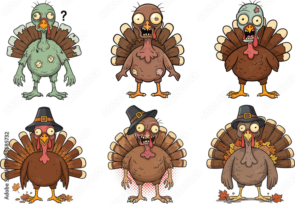 Cartoon zombie turkeys in funny poses, Halloween and Thanksgiving mix ...