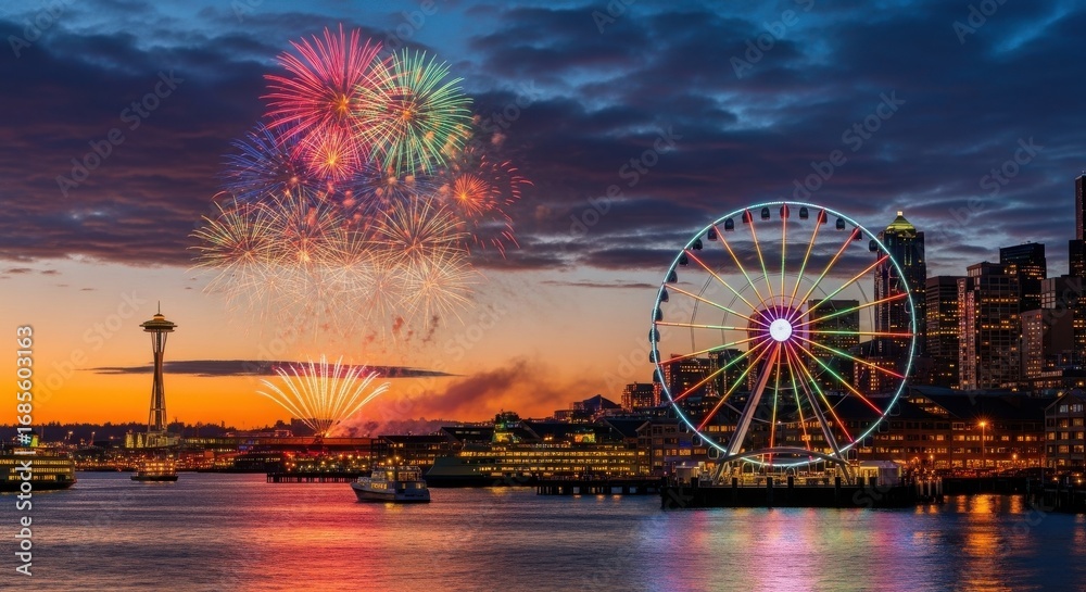 Captivating night view of Seattle with fireworks and the Great Wheel ...