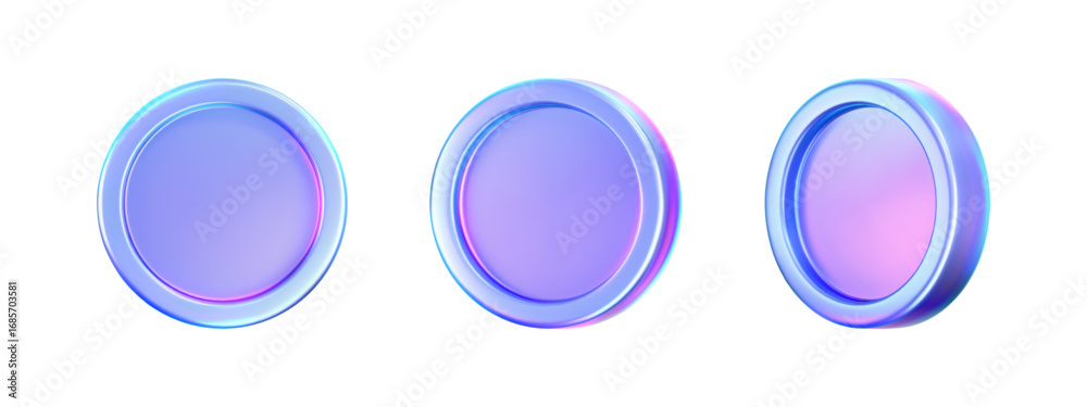 3D holographic coin icon with purple neon effect. Iridescent chrome ...