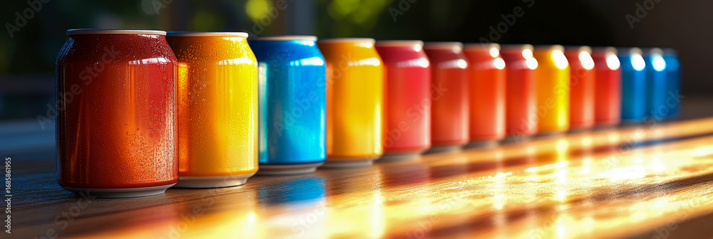 Vibrant spectrum of cold, condensation-covered beverage cans lined up ...