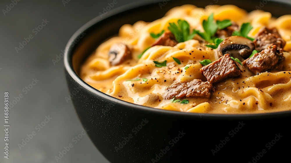 Hearty beef stroganoff pasta with mushrooms and parsley Stock Photo ...
