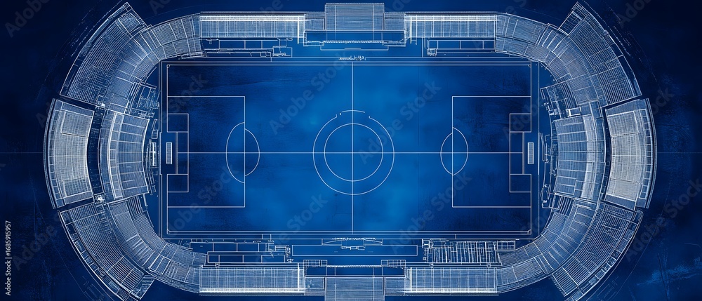 Aerial view of a modern soccer stadium featuring a vibrant blue ...