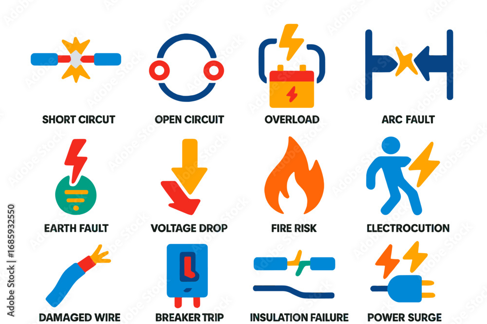 Electrical Safety Icons. Flat vector icons of electrical faults and ...