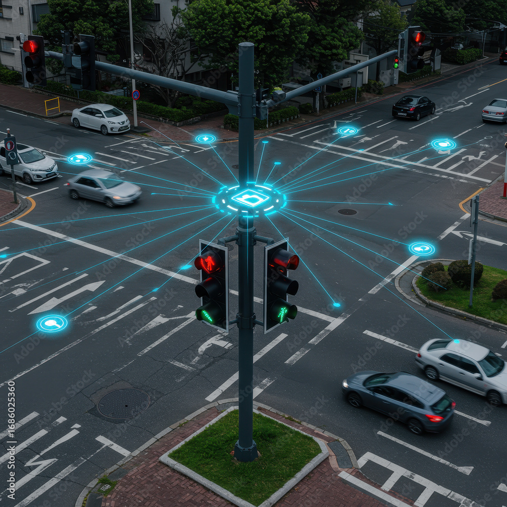 Traffic light and network lines illustrate seamless connectivity ...