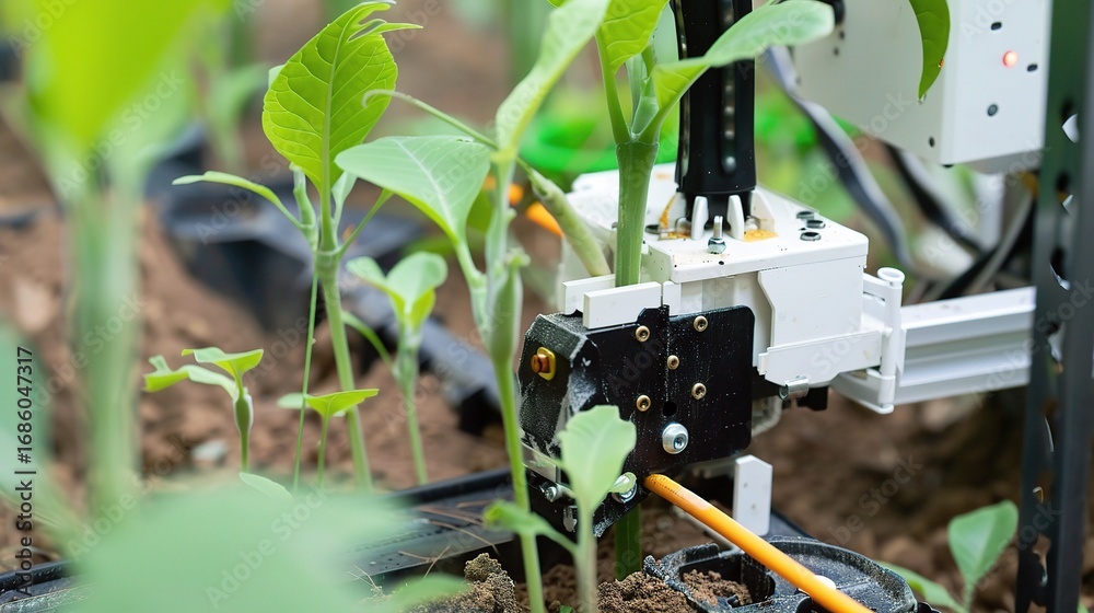 Seed sowing robot with a compact green and black body, moving across ...