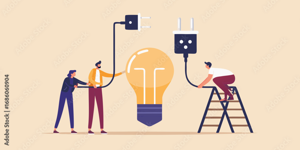 Teamwork connecting plugs to a giant light bulb symbolizing ...