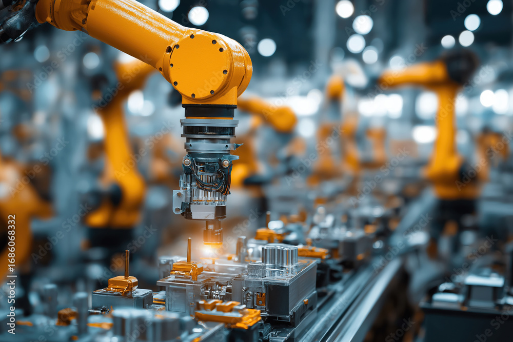 Industrial robot arm assembling components in a modern manufacturing ...