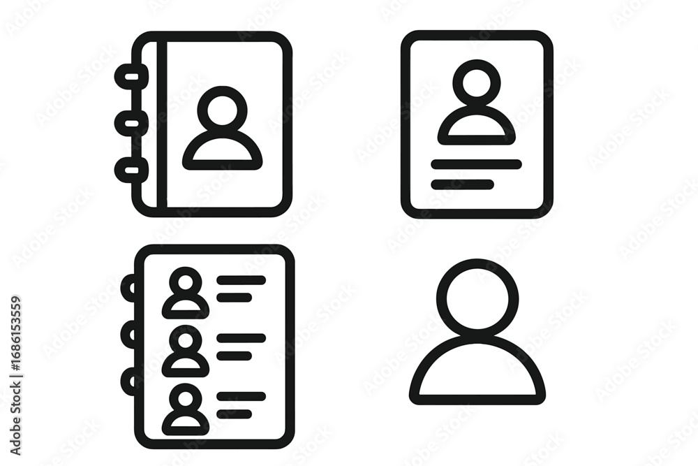 Set of user profile and contact list icons. Vector line art of address ...