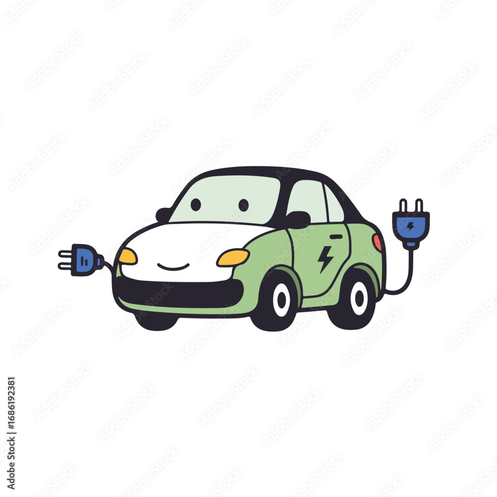Cartoon electric car with charging plugs Green white black car with ...