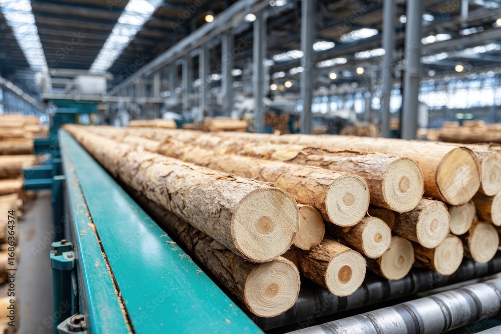 Foto de Stock Rough timber logs move on an industrial conveyor belt ...