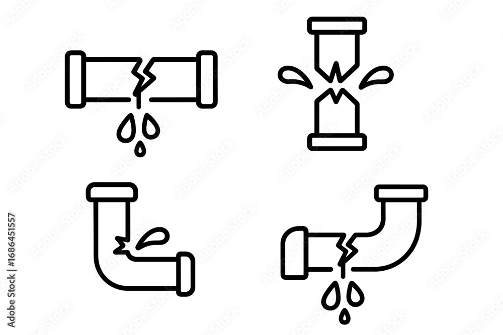 Broken pipe vector outline icon set. Plumbing problem, water leak ...