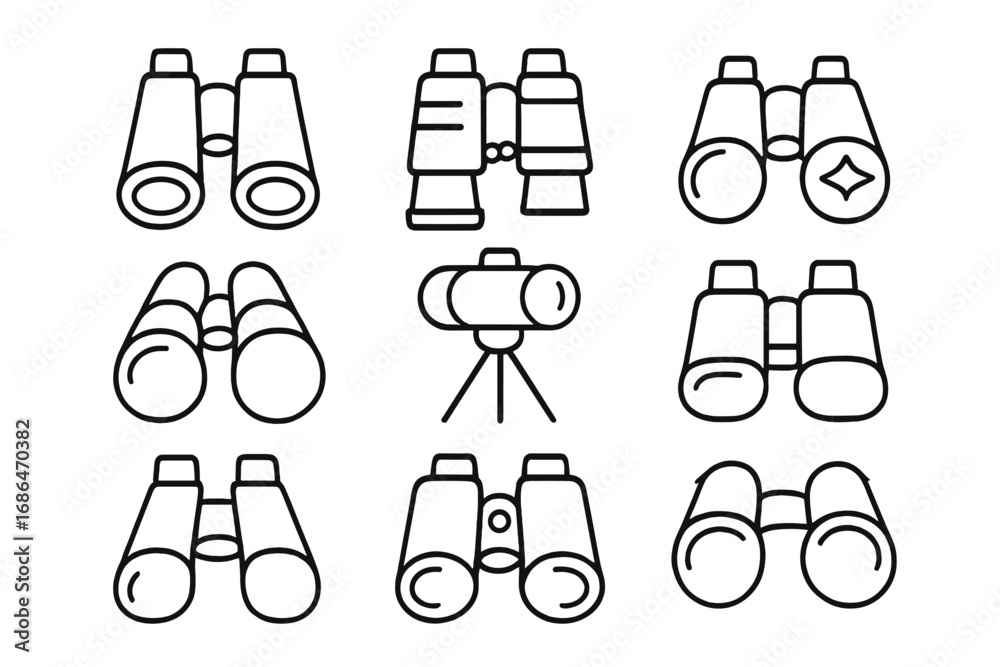 Binocular line icon set. Collection of outline signs for vision ...