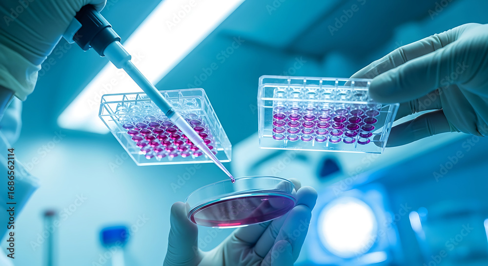 Scientist working with cell culture plate and pipette in laboratory for ...