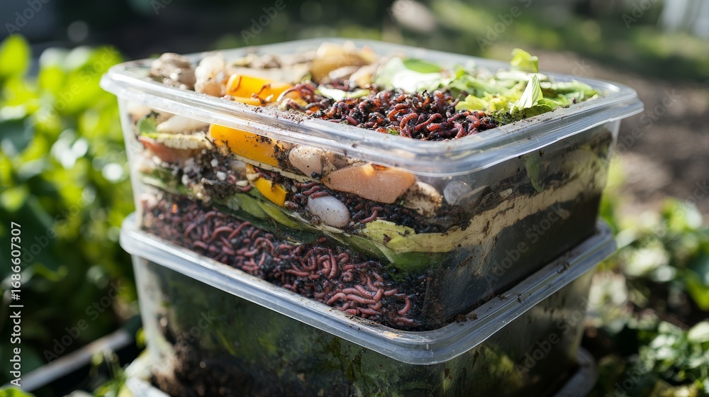 Transparent worm farm bin showing different layersâ€”food waste at the ...