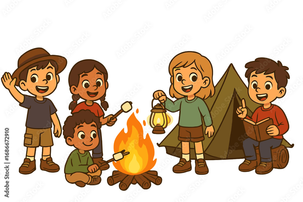 Diverse kids on camping adventure. Group of children roasting ...
