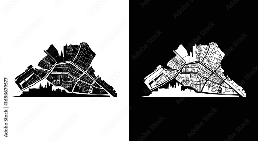 A detailed city map with streets and roads, an outline icon ...