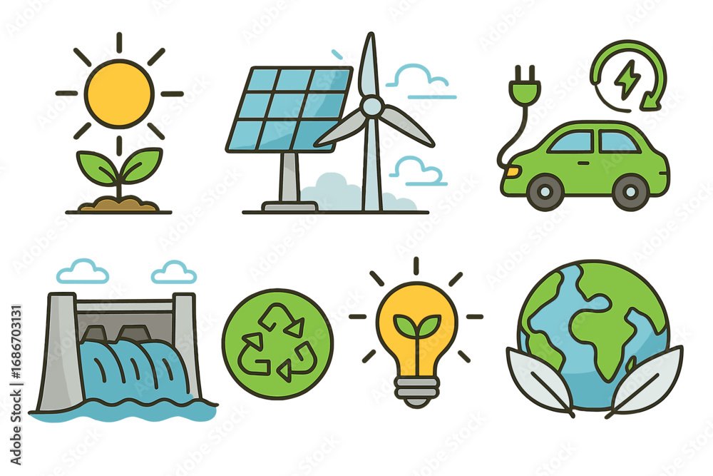 Renewable energy icon set. Sustainable technology symbols. Vector ...
