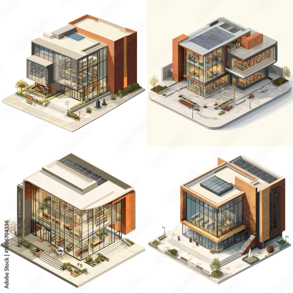 Isometric illustrations of modern libraries and cultural centers with ...