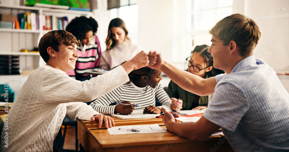 Education, team and student in classroom with fist bump, success and ...