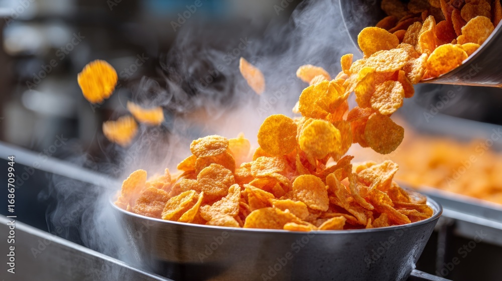 Breakfast cereal production process featuring corn flakes in a ...