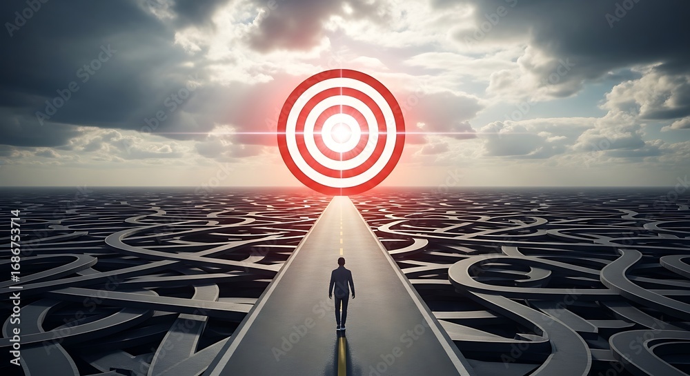 Strategic Path to Success A determined individual walks a straight road ...