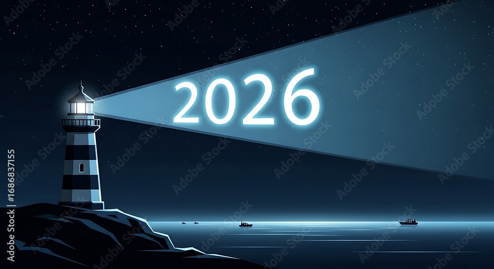 Lighthouse Beam Illuminating 2026 on Dark Sea, Hopeful Future Vision ...