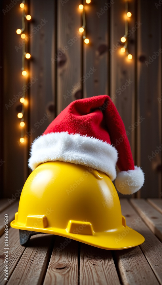 Yellow construction helmet with Santa hat on wooden table, Christmas ...