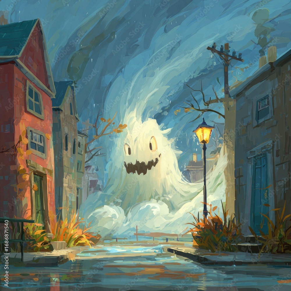 Mist monster drifting through haunted village streets Stock Photo ...