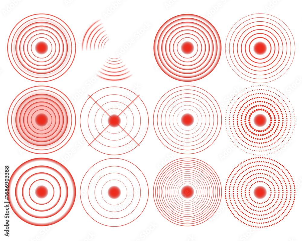Vector red target icons for pain localization. Medical symbols showing ...