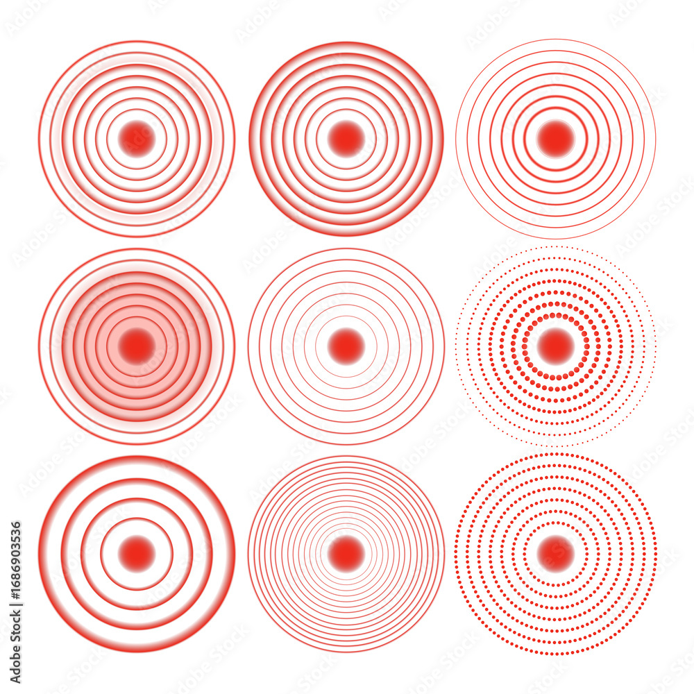 Vector red target icons for pain localization. Medical symbols showing ...