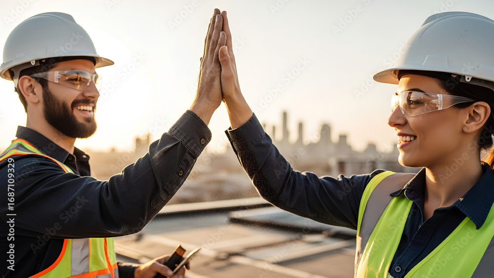 Team success shows two construction workers giving each other a high ...
