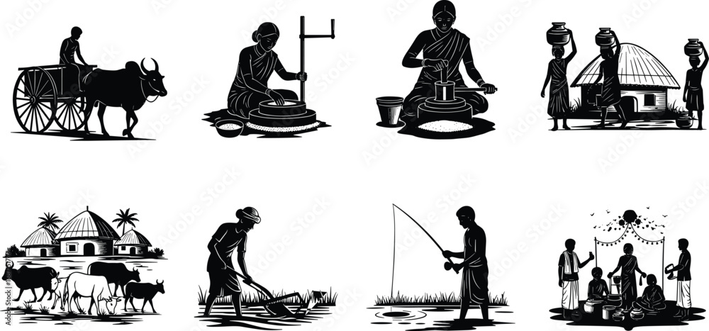 Traditional village life illustration with farming, cooking, water ...