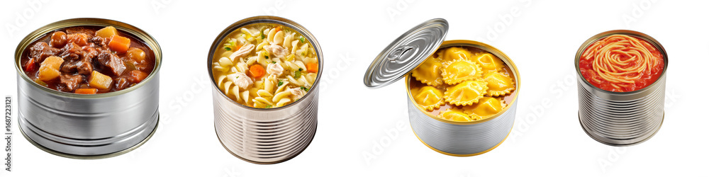 Assorted canned meals including beef stew pasta ravioli spaghetti on ...
