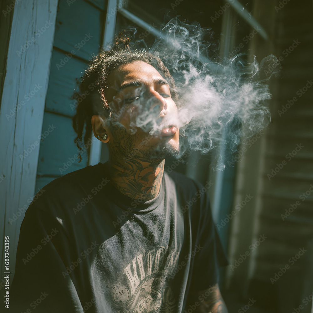young black man with face tattoos smoking a marijuana weed spliff and ...