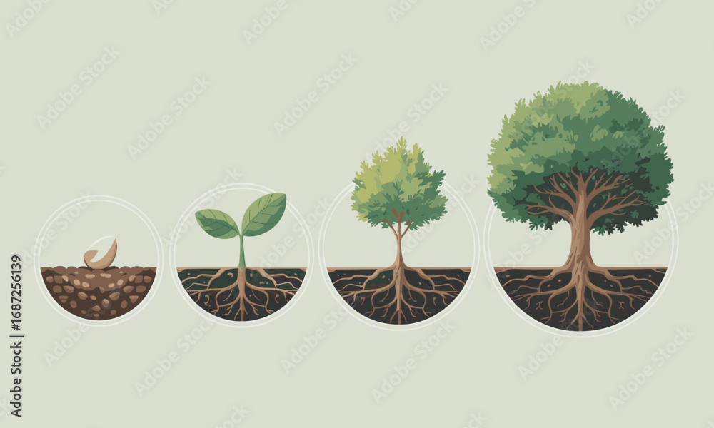 Growth stages of a tree seedling, from seed to full tree, representing ...