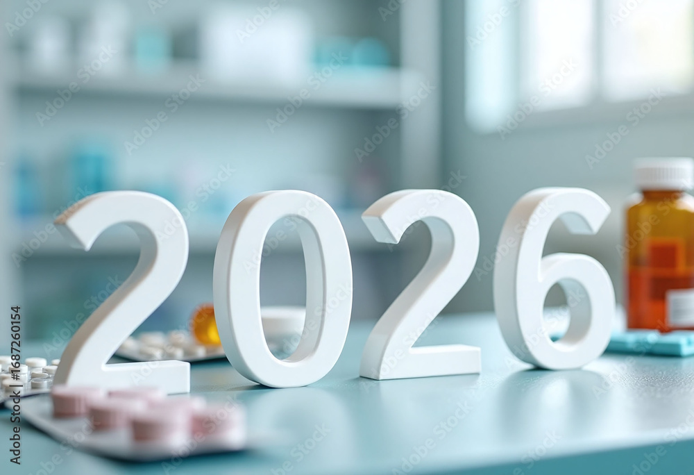 2026 numbers standing on laboratory table with blister packs of pills ...
