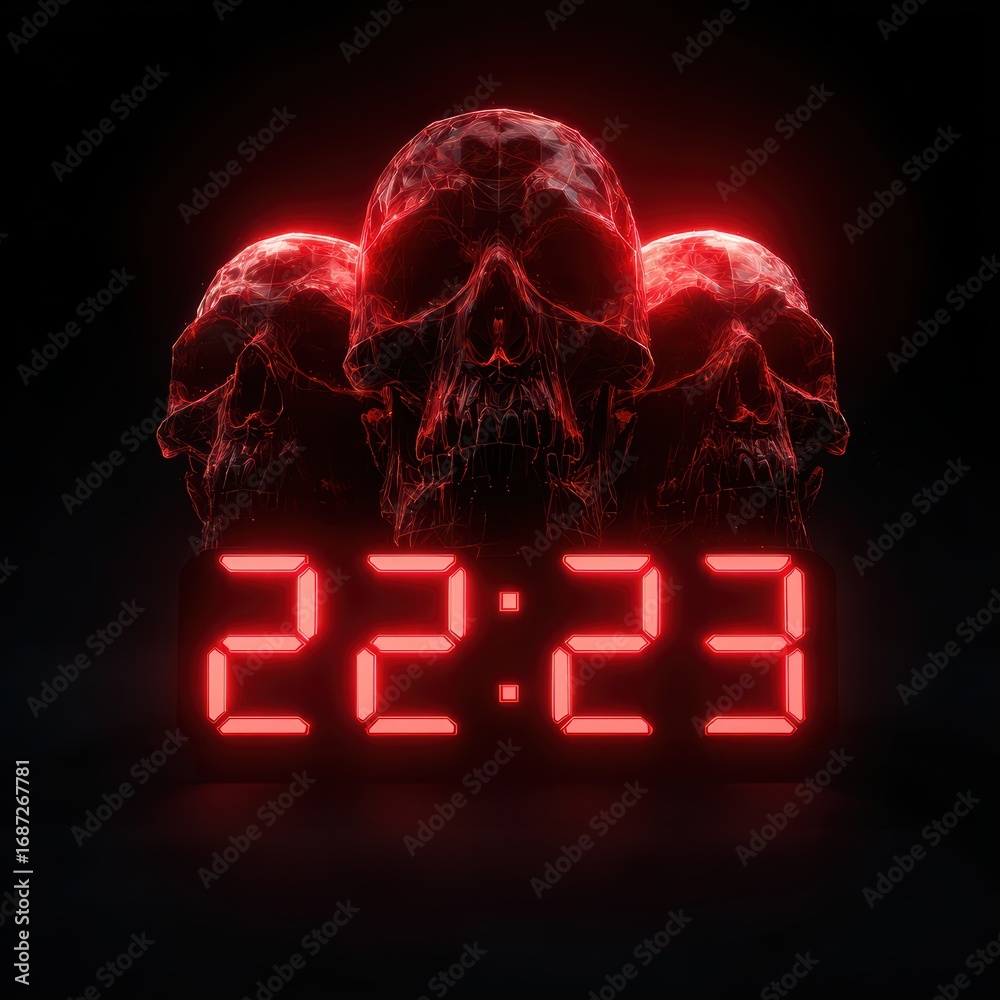 Haunted Digital Clock with Glowing Red Numbers and Skull Background ...