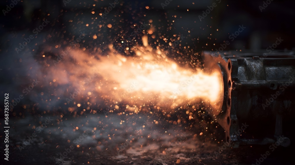 Dramatic burst of flame and sparks from a mechanical engine part ...