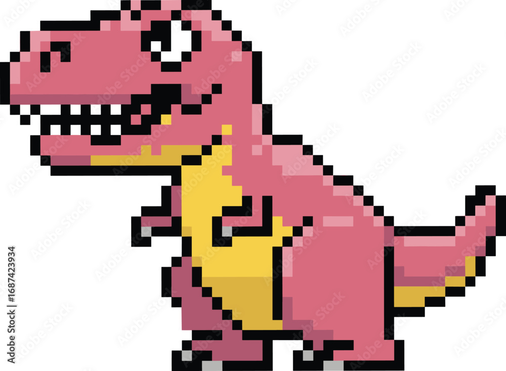 Pixel art cartoon dinosaur, pink T-Rex character, retro video game ...