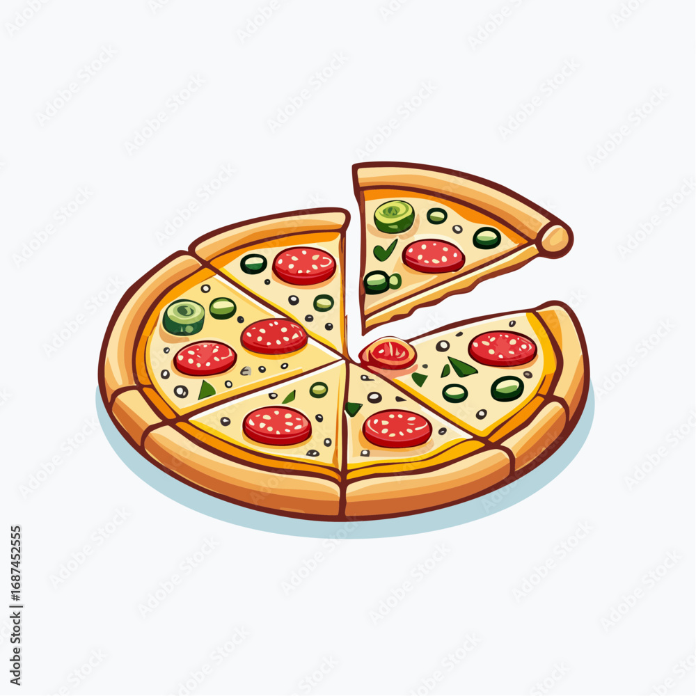 Appetizing cartoon pizza illustration with pepperoni and jalapeno ...