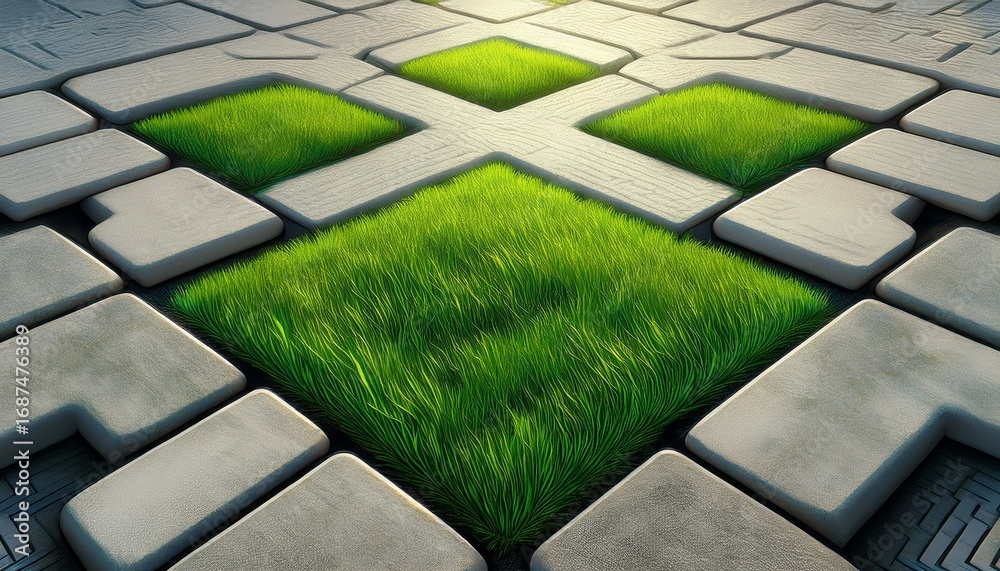 Fotografie geometric background of eco floor bricks and green grass eco ...