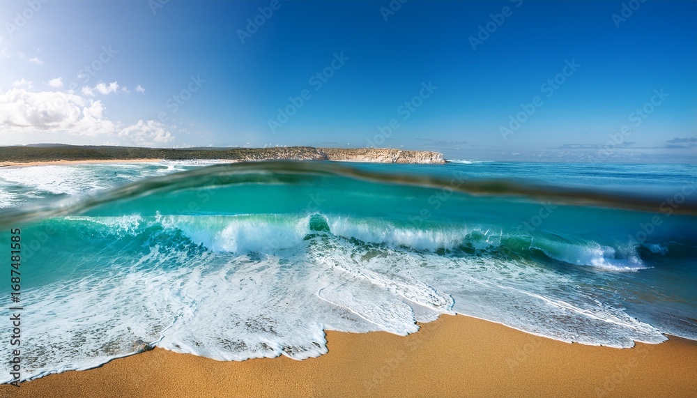 split image of ocean waves and sandy beach showing natural water and ...