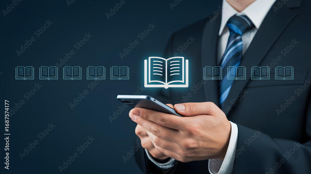 Discover knowledge instantly with a smartphone and glowing book icons ...