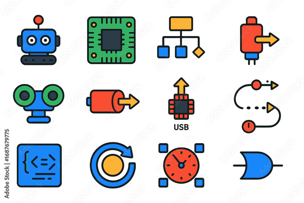 Robotics Programming Icons. Flat vector icons of Programming for ...