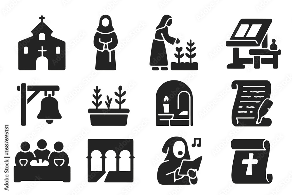 Monastic Life Icons. Solid style icons of Christian monastic life ...