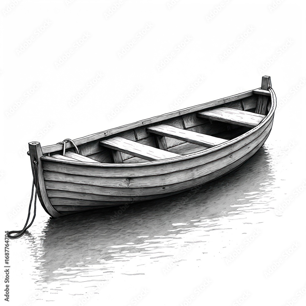 Hand-drawn sketch illustrates simple wooden rowboat floating on calm ...